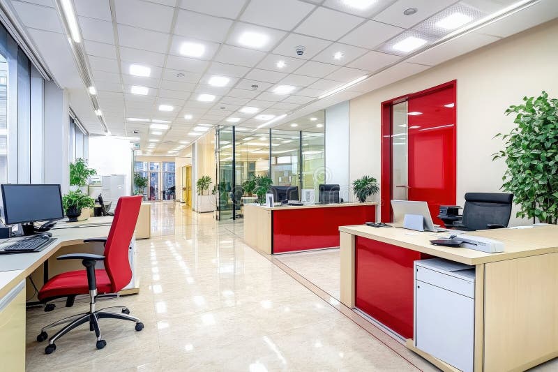 Modern Office Interior Design with Red Accents Stock Illustration ...