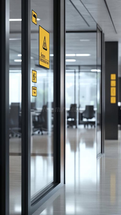 Modern Office Interior Design with Safety Signs and Glass Partitions ...