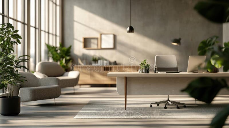Modern Office Interior Design Shows Minimalist Workspace with Plants ...