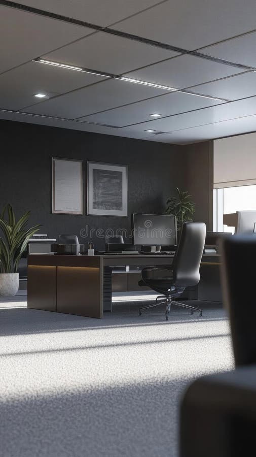 Modern Office Interior Design Shows Workspace with Desk, Chair, and ...