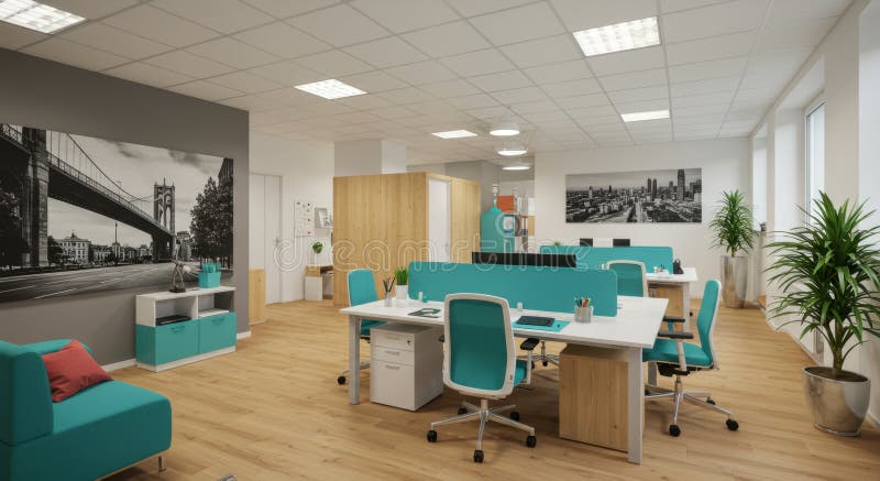 Modern Office Interior Design with Teal Accents Stock Illustration ...