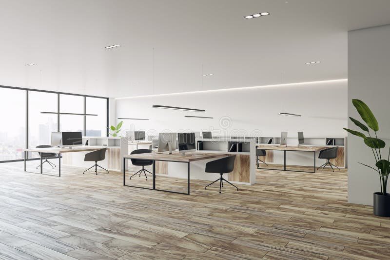 Openspace Office Interior Design with Wooden Wall and Tables, Waiting ...