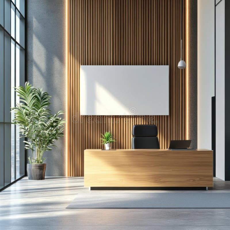 Modern Office Interior Design with Wooden Wall Panels and a Desk Stock ...