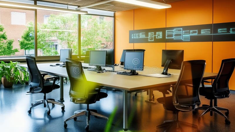 Modern Office Interior Design with Workstations, Computers, and Natural ...