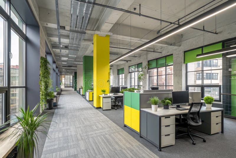 Modern Office Interior in Loft Style with Grey, Green, and Yellow ...
