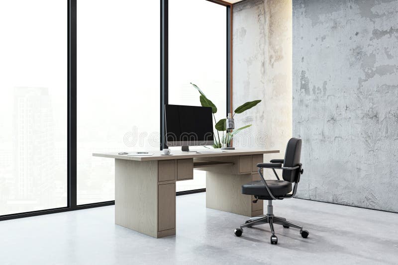 Modern Office Interior with Desk, Chair, and Computer Setup by Large ...