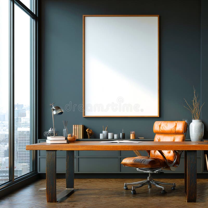 Modern Office Interior Desk Chair and Large Frame Stock Illustration ...