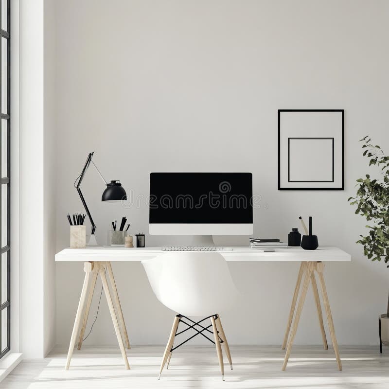 Modern Office Interior with Desk and Computer. 3D Render Illustration ...