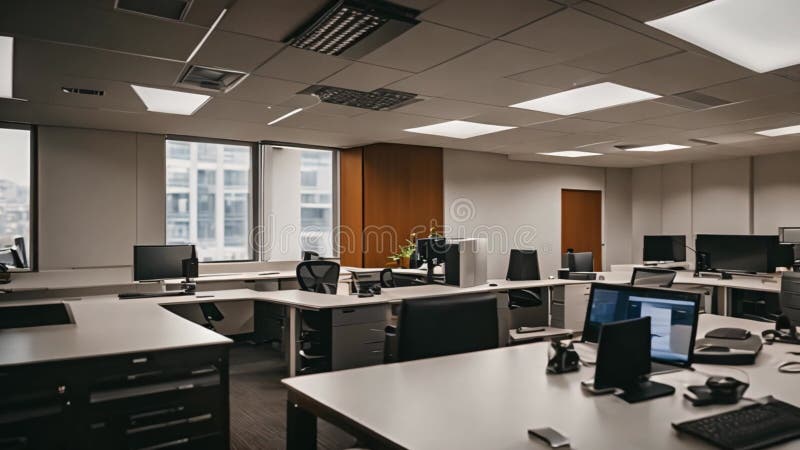 Modern Office Interior with Desk, Computers and Windows Stock Footage ...