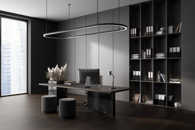 Modern Office Interior with Desk and Pc Computer, Shelf and Panoramic ...