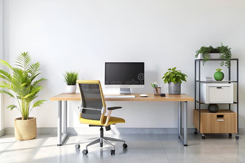 Modern Office Interior with Desk. Modern Workspace with Plants and ...