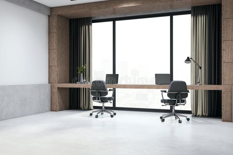 Modern Office Interior with Desks, Chairs, Computer Monitors, and Large ...