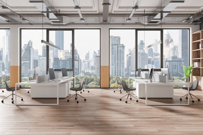 Modern Office Interior with Desks, Chairs, and Computers, Against a ...