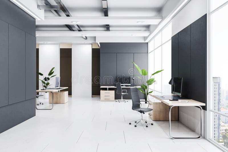 Modern Office Interior with Desks, Chairs, and Computers on a Cityscape ...