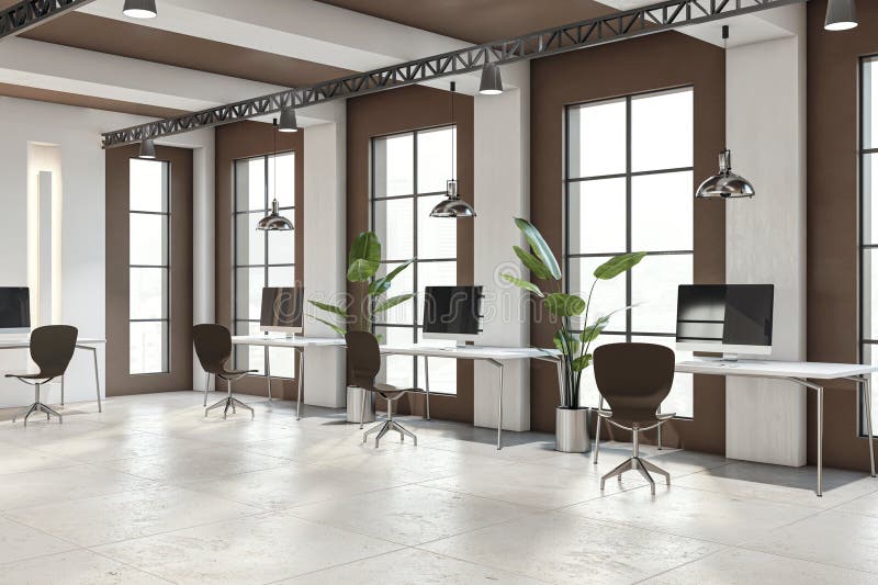 A Modern Office Interior with Desks, Chairs, Computers and Large ...