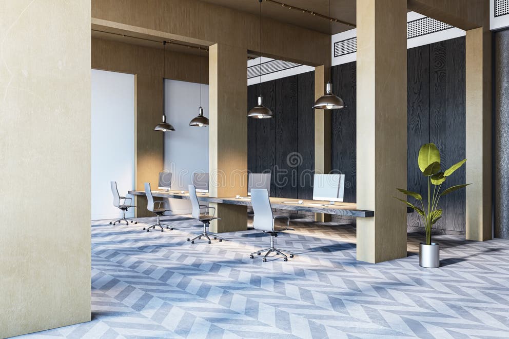 Modern Office Interior with Desks, Chairs, and Computers in an Open ...