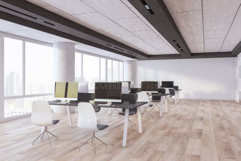 Modern Office Interior with Desks, Chairs, and Computers, on a Wooden ...