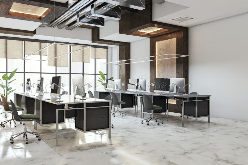 A Modern Office Interior with Desks, Computers, and Chairs, Set on a ...