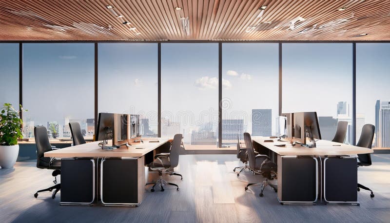 Modern Office Interior with Desks and Computers. 3D Rendering Stock ...