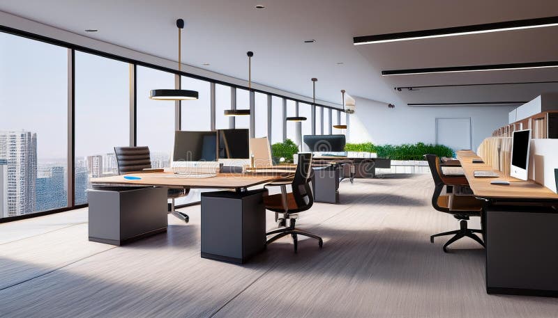 Modern Office Interior with Desks and Computers. 3D Rendering Stock ...