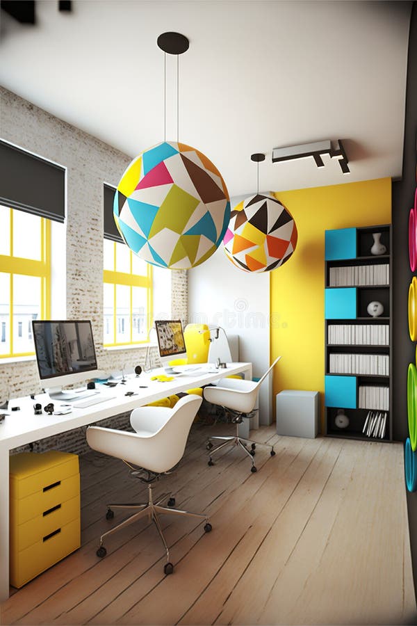 Modern Office Interior with Desks, Computers and Lamps Created Using ...