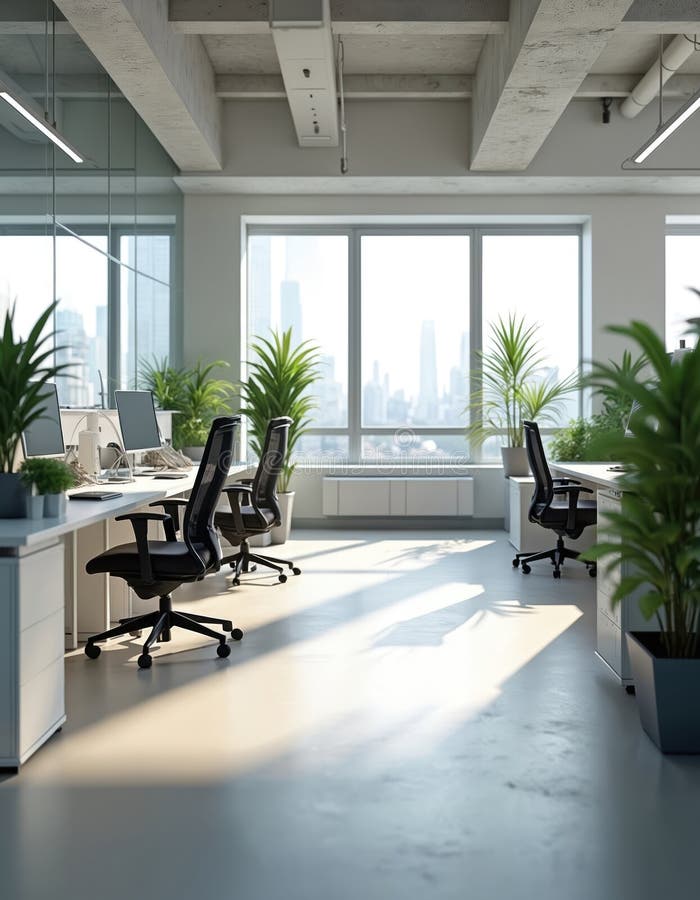 Modern Office Interior with Desks Greenery. Bright Windows, Minimalist ...