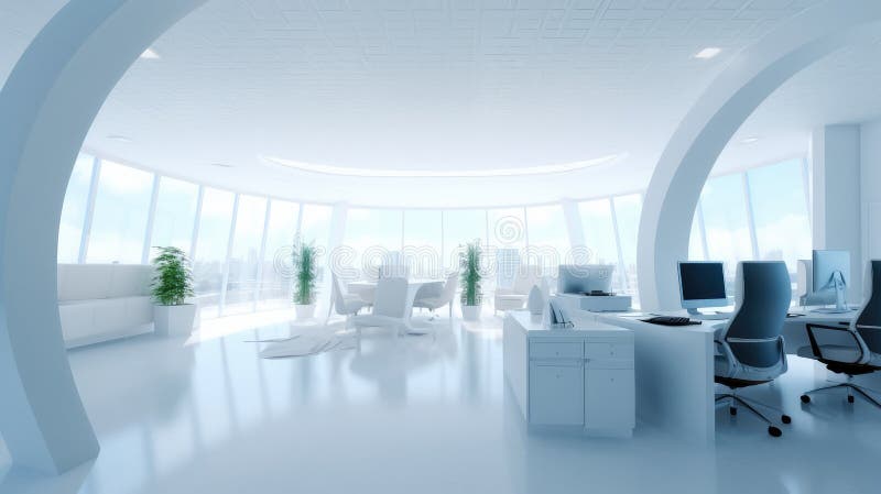 Modern Office Interior, Desks with PC in Bright and Modern Open Space ...