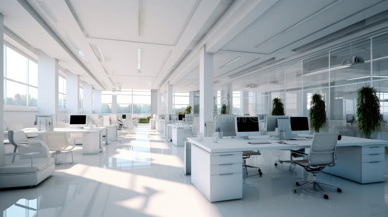 Modern Office Interior, Desks with PC in Bright and Modern Open Space ...
