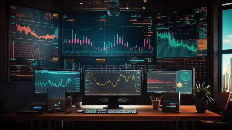 Modern Office Interior with Desktop Computer and Financial Charts. 3D ...