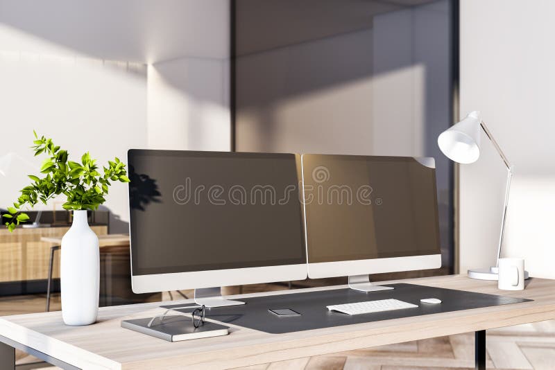 Modern Office Interior with Desktop, Empty Black Computer Monitors and ...