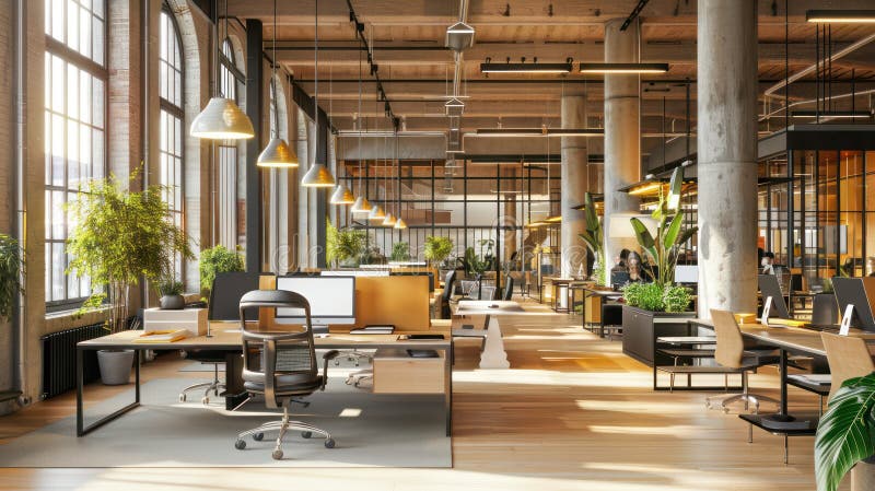 Modern Office Interior with Employees Working at Desks Stock ...