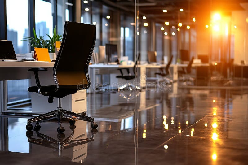 Modern Office Interior with Empty Chairs and Desks at Sunset Stock ...