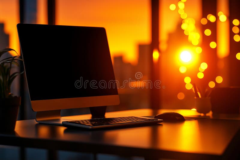 Modern Office Interior with Empty Computer Screen, Illuminated by Warm ...