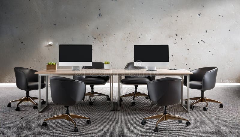 A Modern Office Interior with Empty Desks, Computers, and Chairs ...