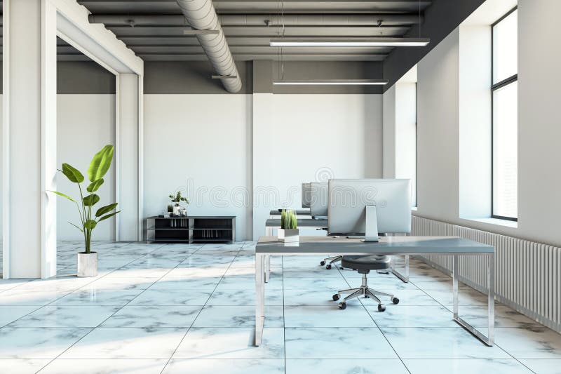 Modern Office Interior with Empty Desks and Marble Floor. 3D Rendering ...