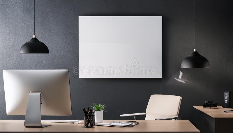 Modern Office Interior with Empty Workspace and Blank Canvas on Wall ...
