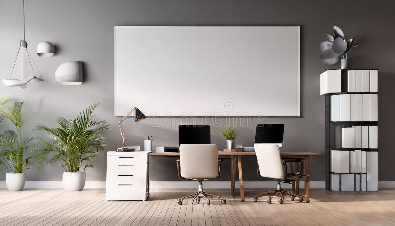 Modern Office Interior with Empty Workspace and Blank Canvas on Wall ...