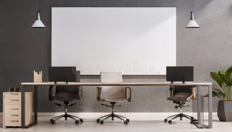 Modern Office Interior with Empty Workspace and Blank Canvas on Wall ...