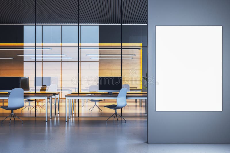 Modern Office Interior with Empty Workspace and Blank Poster for Design ...