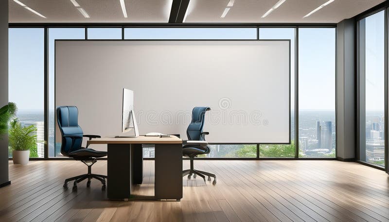 Modern Office Interior with Empty Workspace and Large Wall Poster. 3D ...
