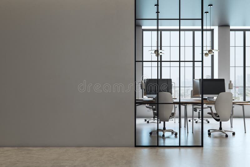 Modern Office Interior with Empty Workspace, Large Windows, and Blank ...