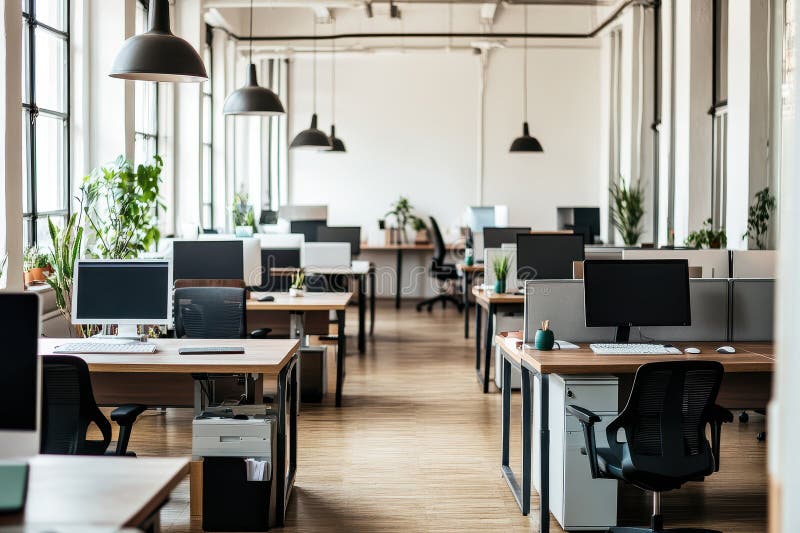 Modern Office Interior with Empty Workstations and Black Chairs Stock ...