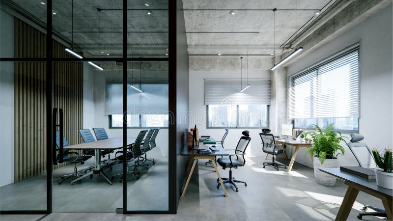 Modern Office Interior with Exposed Concrete Ceiling and Floor. 3d ...