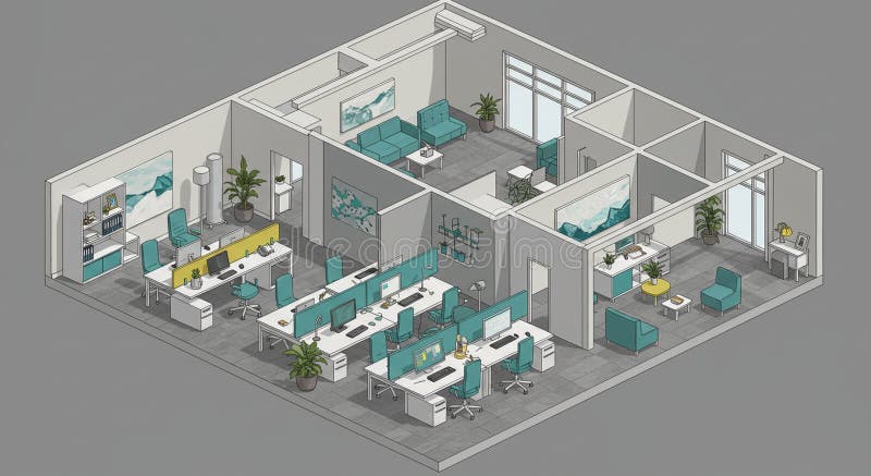 Modern Office Interior Features an Open-plan Layout with Multiple ...