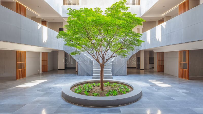 Modern Office Interior Featuring a Central Tree in a Spacious Atrium ...
