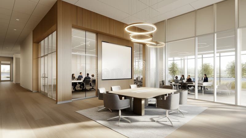 Modern Office Interior Featuring Collaborative Spaces and Meeting Rooms ...