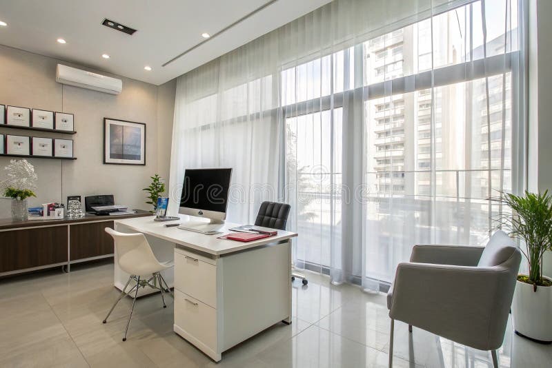 Modern Office with Computer on Desk Stock Illustration - Illustration ...