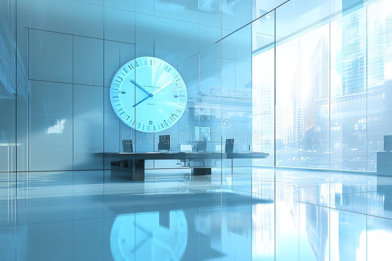 A Modern Office Interior Featuring a Large Clock and Sleek Glass Walls ...