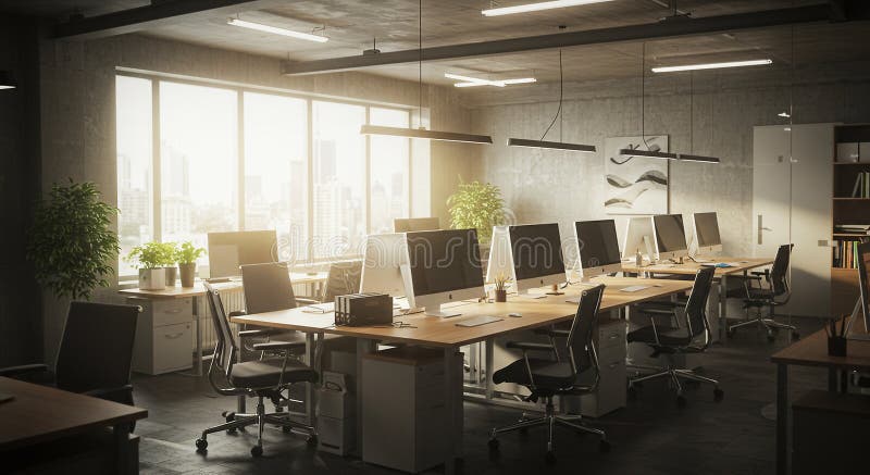 Modern Office Interior Featuring Multiple Workstations with Wooden Desks and Stock Illustration ...