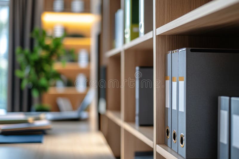 Modern Office Interior Featuring Organized Shelves and Files in a ...